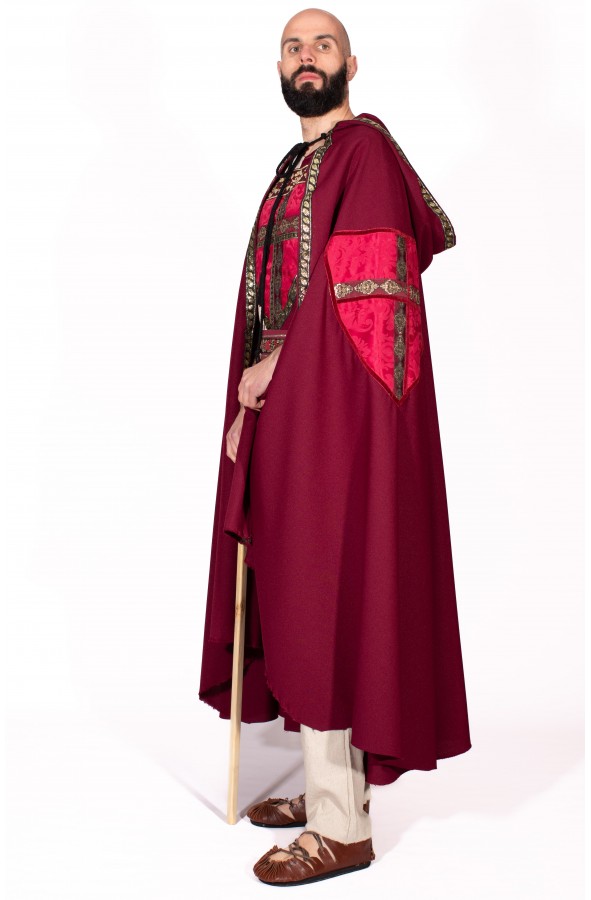 Medieval red cloak with coat of arms and hood for a medieval knight