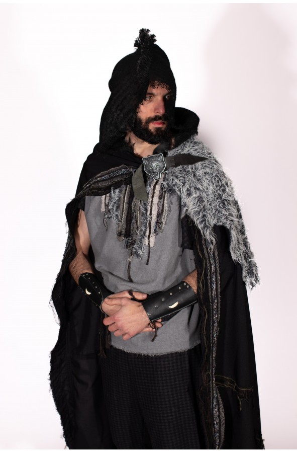 Black medieval cloak with hood and vegan fur fabric