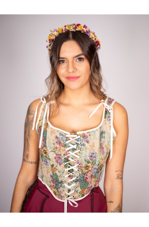 Corsé medieval de flores en tela rústica