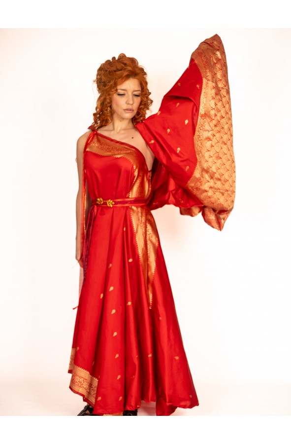 Red Roman Asymmetrical Dress with Golden Embroidery and Matching Cape ...