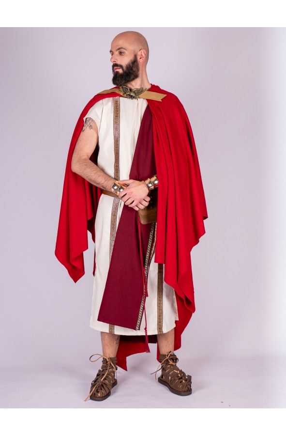 Roman red cloak with golden eagle clasp and leather or Roman paenula