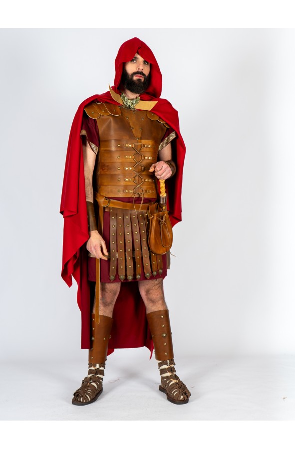 Roman red cloak with golden eagle clasp and leather or Roman paenula