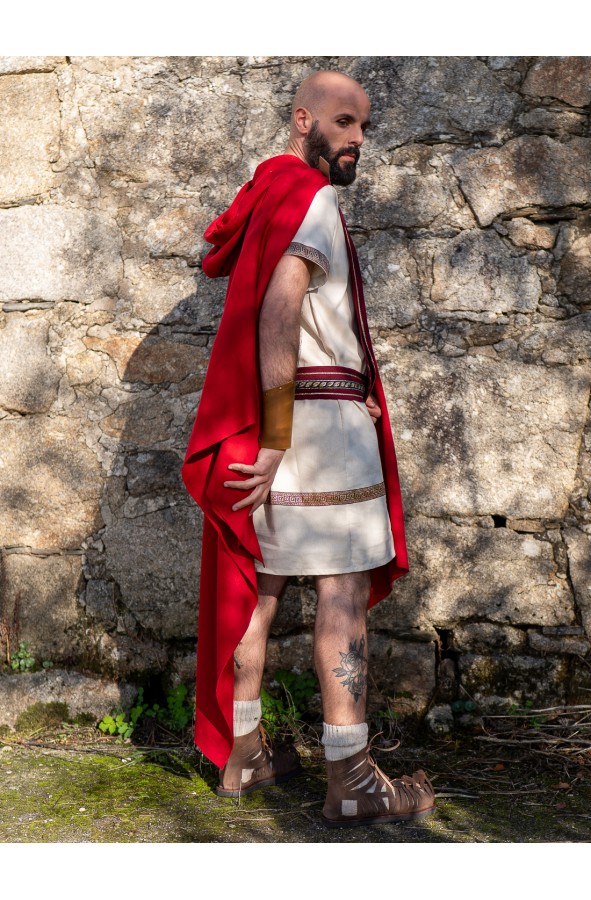 Roman red cloak with golden eagle clasp and leather or Roman paenula